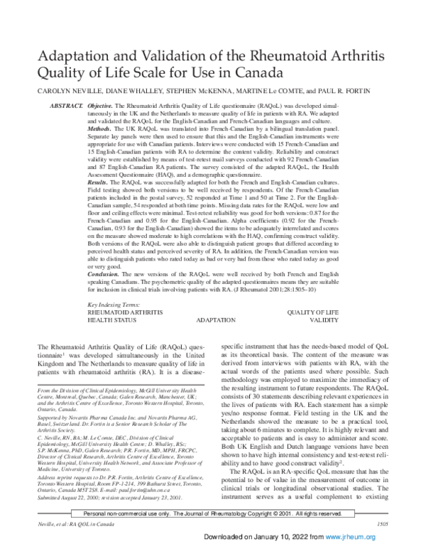 (PDF) Adaptation and validation of the rheumatoid arthritis quality of ...