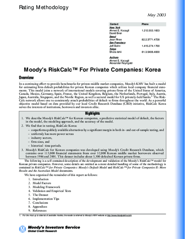 (PDF) Moody's RiskCalc™ For Private Companies: Korea