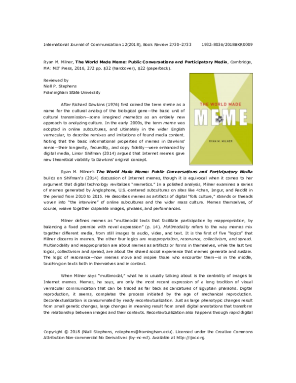 (PDF) Ryan M. Milner, The World Made Meme: Public Conversations and ...