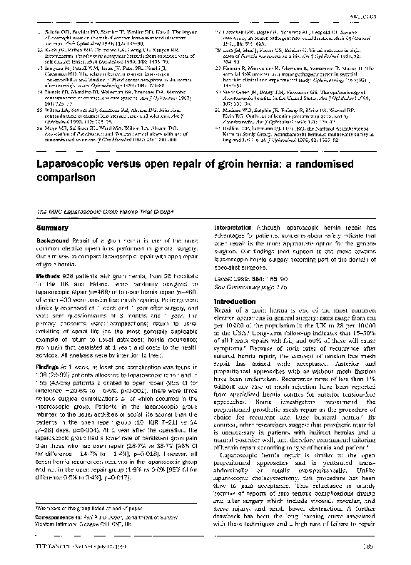 (PDF) Laparoscopic versus open repair of groin hernia: a randomised comparison