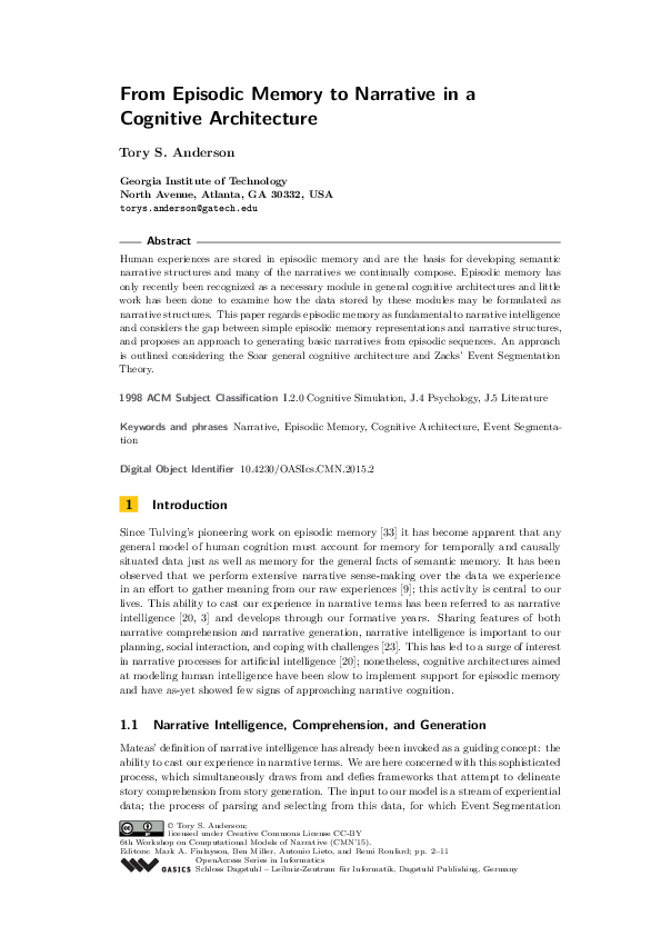 (PDF) From Episodic Memory to Narrative in a Cognitive Architecture