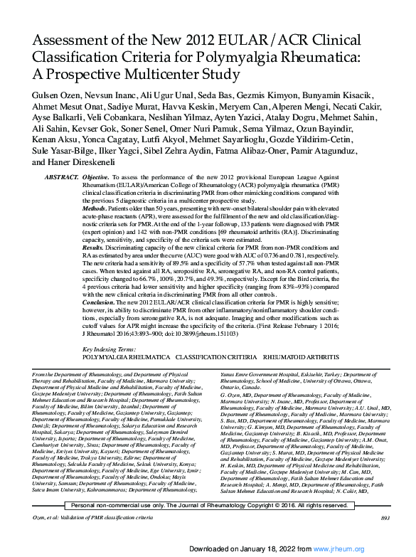 (PDF) Assessment of the New 2012 EULAR/ACR Clinical Classification ...
