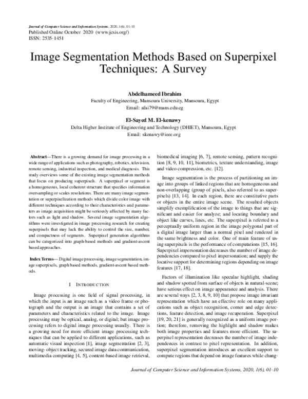Pdf Image Segmentation Methods Based On Superpixel Techniques A Survey