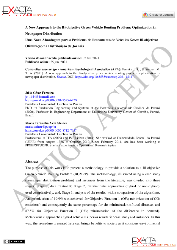 (PDF) A New Approach to the Bi-objective Green Vehicle Routing Problem ...