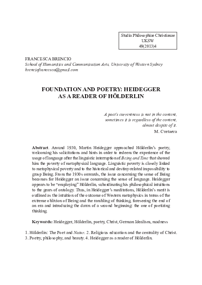 (PDF) Foundation and poetry: Heidegger as a reader of Hölderlin