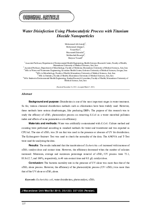 (PDF) Water Disinfection Using Photocatalytic Process with Titanium ...