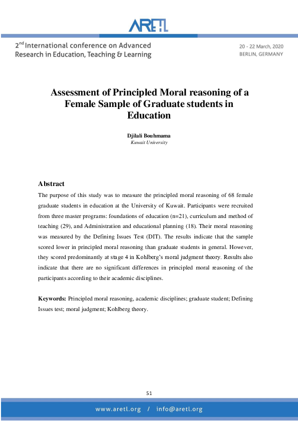 (PDF) Assessment of Principled Moral reasoning of a Female Sample of ...