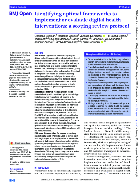Pdf Identifying Optimal Frameworks To Implement Or Evaluate Digital Health Interventions A