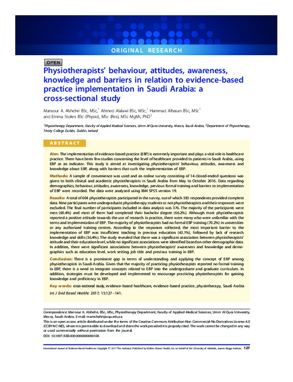 (PDF) Physiotherapists’ Behaviour, Attitudes, Awareness, Knowledge and Barriers in relation to ...
