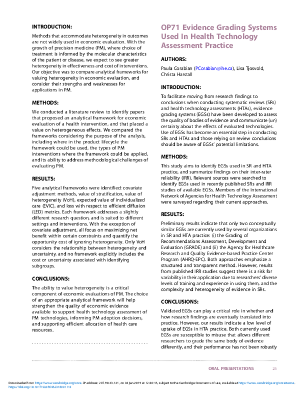 (PDF) OP71 Evidence Grading Systems Used In Health Technology ...