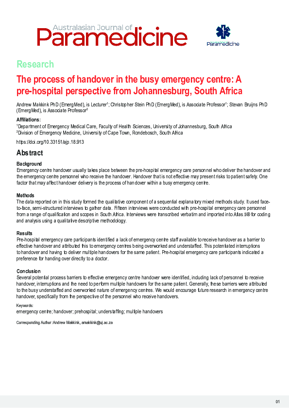(PDF) The process of handover in the busy emergency centre: A pre ...