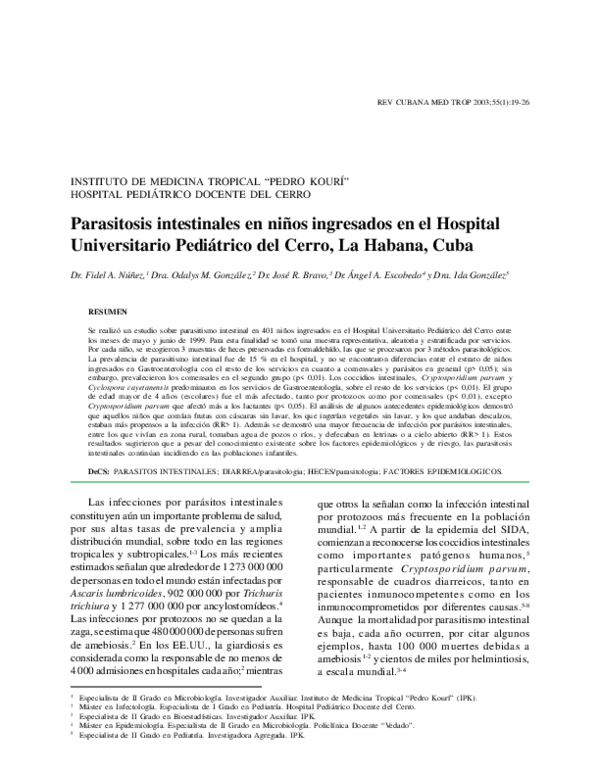 (PDF) Parasitosis intestinales en niños ingresados en el Hospital ...