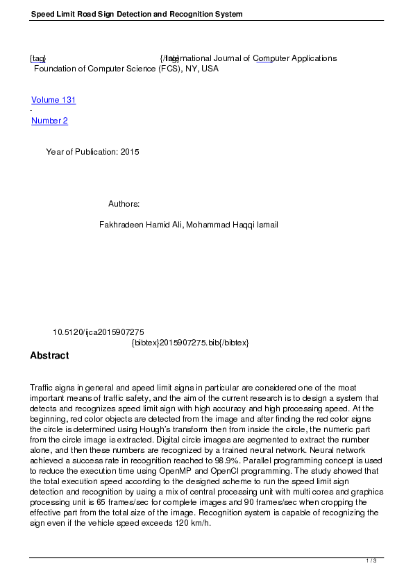 (PDF) Speed Limit Road Sign Detection and Recognition System