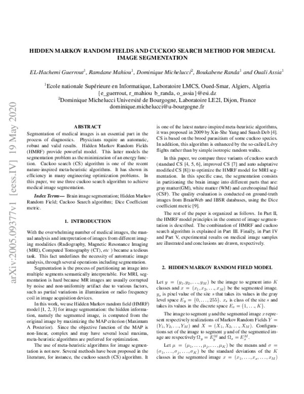 Pdf Hidden Markov Random Fields And Cuckoo Search Method For Medical Image Segmentation