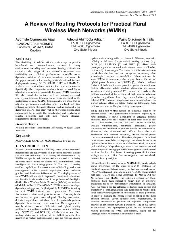 Pdf A Review Of Routing Protocols For Practical Rural Wireless Mesh Networks Wmns
