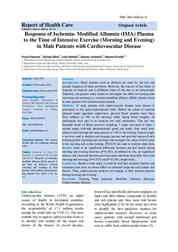 (PDF) Response of Ischemia- Modified Albumin (IMA) Plasma to the Time ...