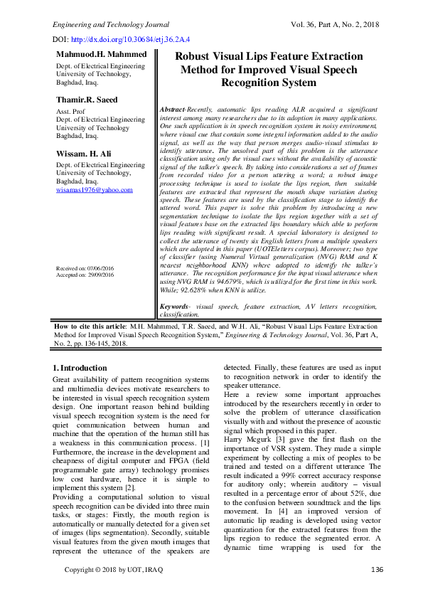 Pdf Robust Visual Lips Feature Extraction Method For Improved Visual