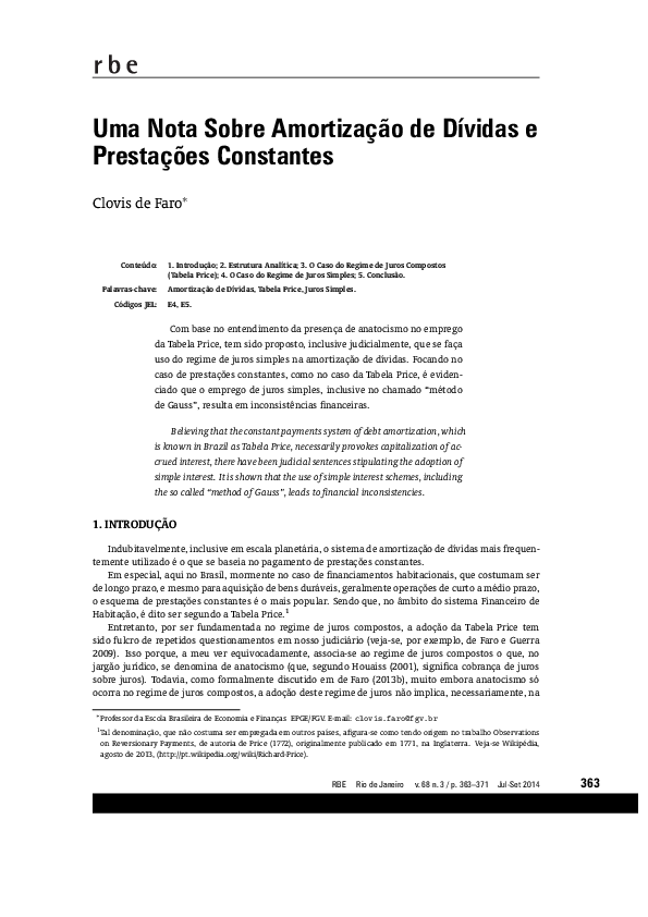 (PDF) Uma Nota Sobre Amortização de Dívidas e Prestações Constantes