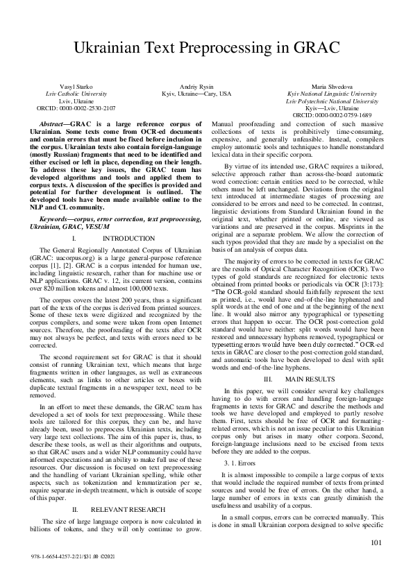 (PDF) Ukrainian Text Preprocessing in GRAC (by Vasyl Starko, Andriy ...