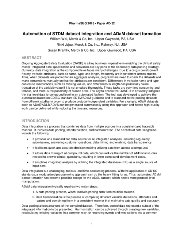 (PDF) Automation of STDM dataset integration and ADaM dataset formation