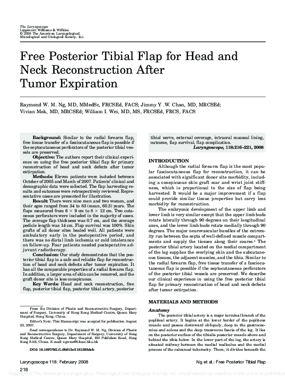 (PDF) Free Posterior Tibial Flap for Head and Neck Reconstruction After ...