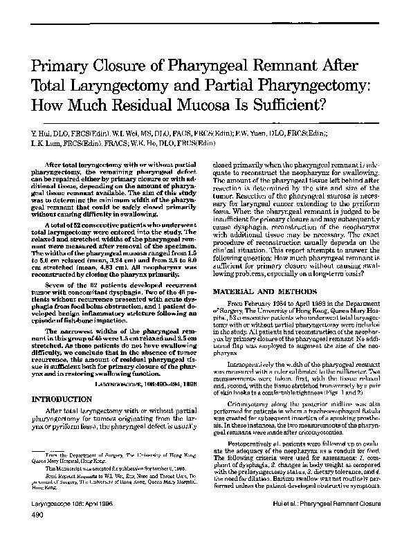 (PDF) Primary Closure of Pharyngeal Remnant After Total Laryngectomy ...