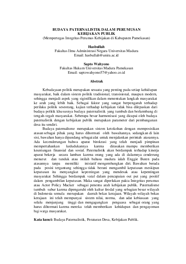 (PDF) BUDAYA PATERNALISTIK DALAM PERUMUSAN KEBIJAKAN PUBLIK ...