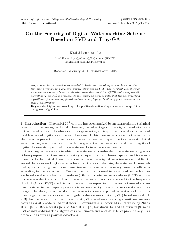 Pdf On The Security Of Digital Watermarking Scheme Based On Singular Value Decomposition And