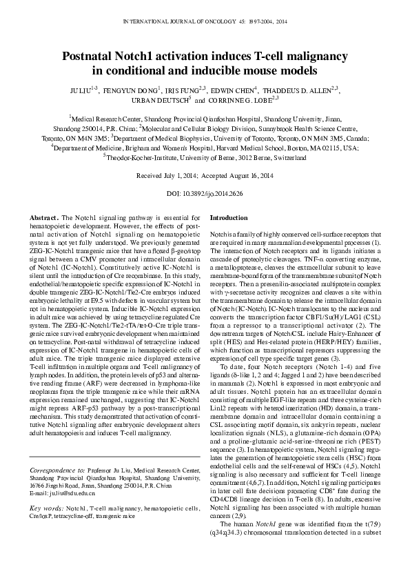 (PDF) Postnatal Notch1 activation induces T‑cell malignancy in ...