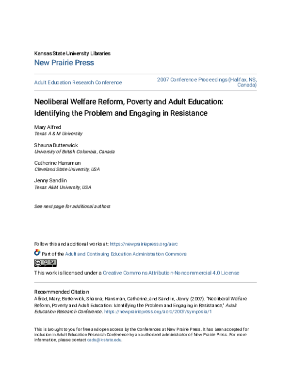 (PDF) Neoliberal Welfare Reform, Poverty and Adult Education ...