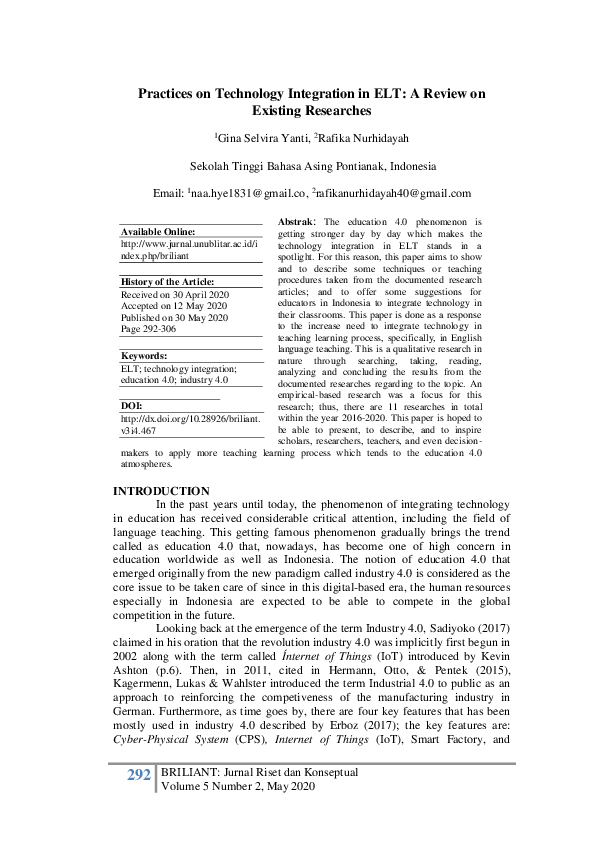 (PDF) Practices on Technology Integration in ELT: A Review on Existing ...