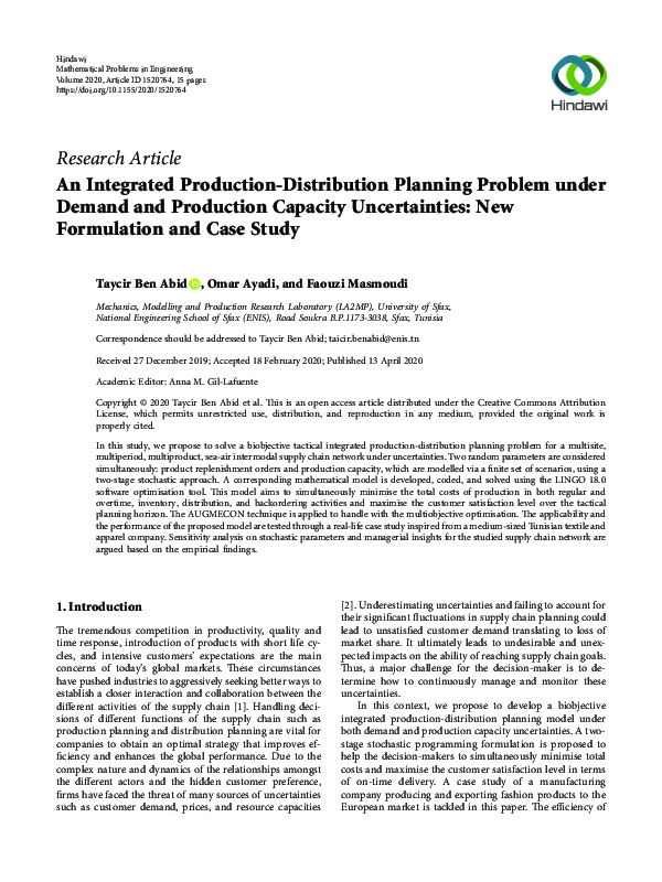 Pdf An Integrated Production Distribution Planning Problem Under Demand And Production