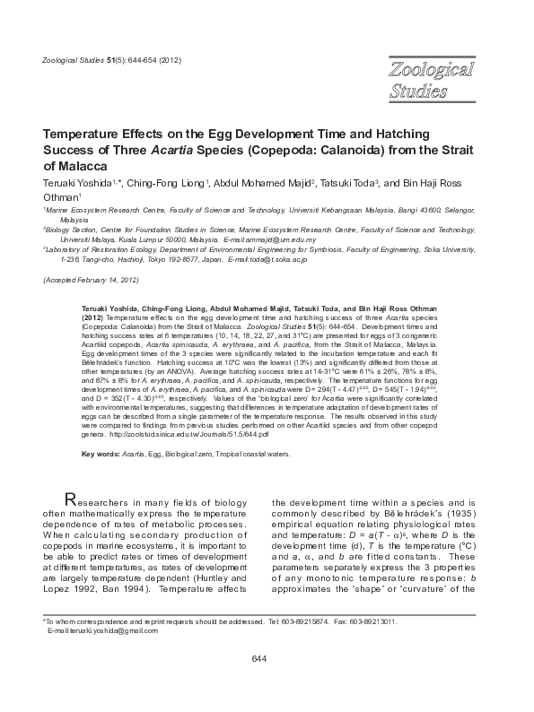 (PDF) Temperature Effects on the Egg Development Time and Hatching ...