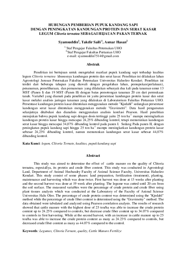 (PDF) HUBUNGAN PEMBERIAN PUPUK KANDANG SAPI DENGAN PENINGKATAN KANDUNGAN PROTEIN DAN SERAT KASAR ...