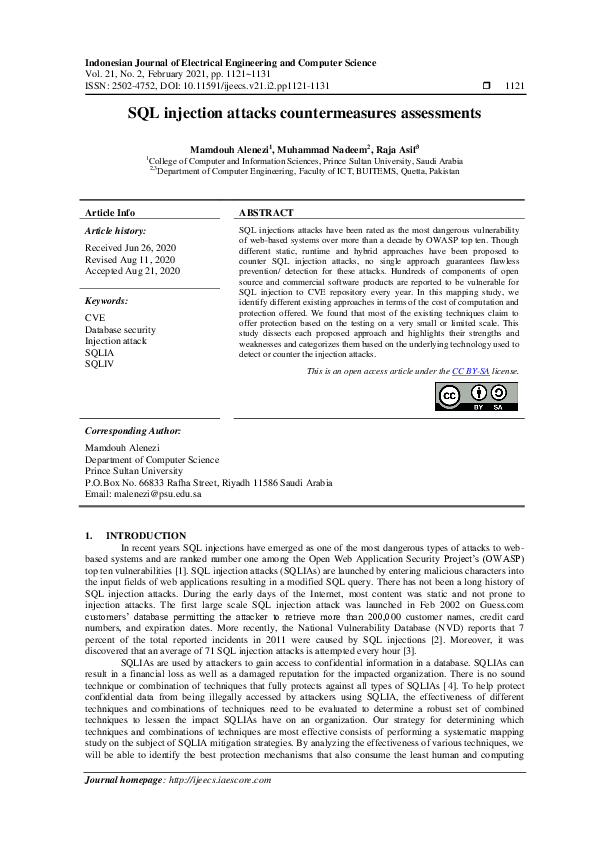 (PDF) SQL injection attacks countermeasures assessments (PDF) SQL injection attacks countermeasures assessments