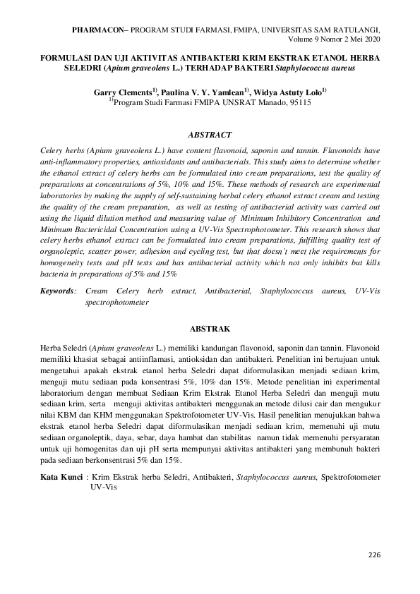 (PDF) FORMULASI DAN UJI AKTIVITAS ANTIBAKTERI KRIM EKSTRAK ETANOL HERBA SELEDRI (Apium ...