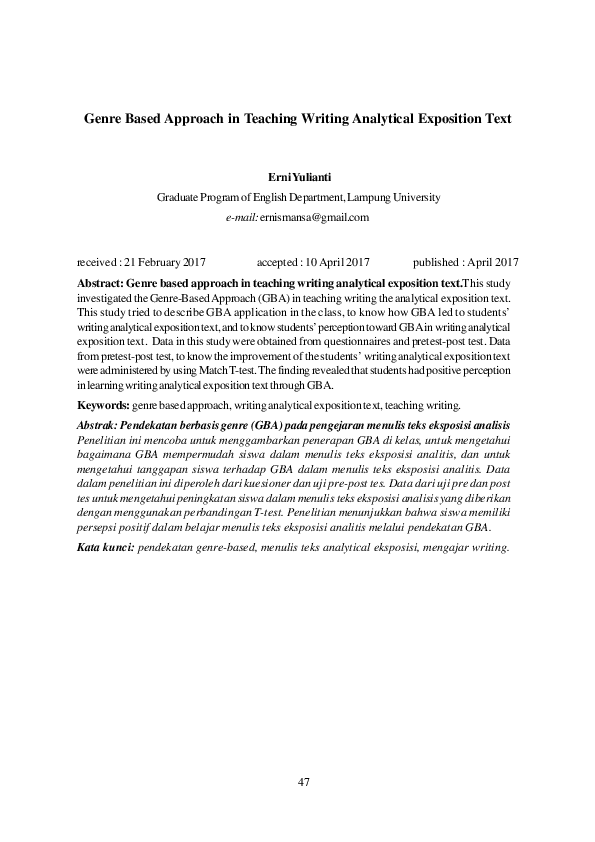(PDF) Genre Based Approach in Teaching Writing Analytical Exposition Text
