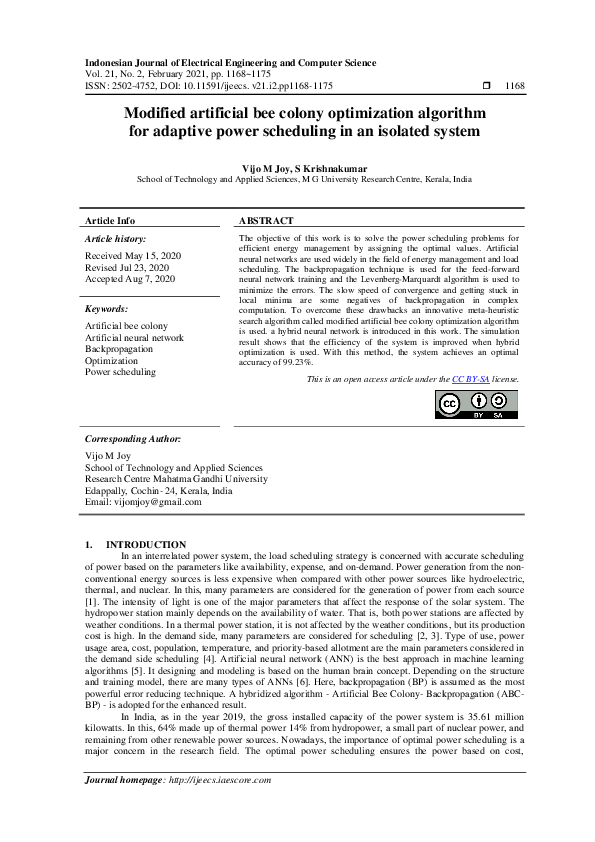 Pdf Modified Artificial Bee Colony Optimization Algorithm For Adaptive Power Scheduling In An 
