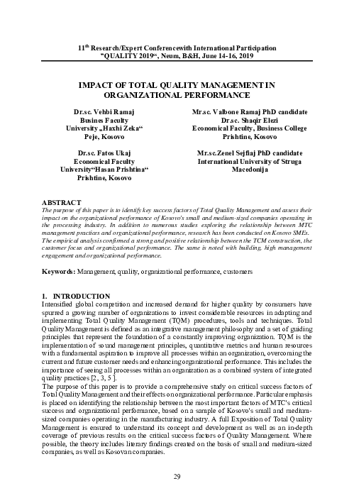 (PDF) Impact of Total Quality Management in Organizational Performance