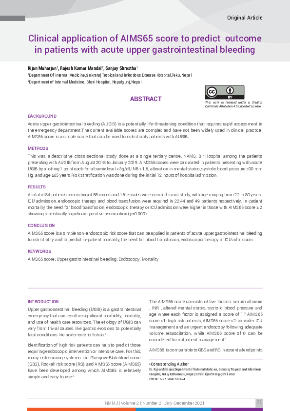 (PDF) Clinical application of AIMS65 score to predict outcome in ...