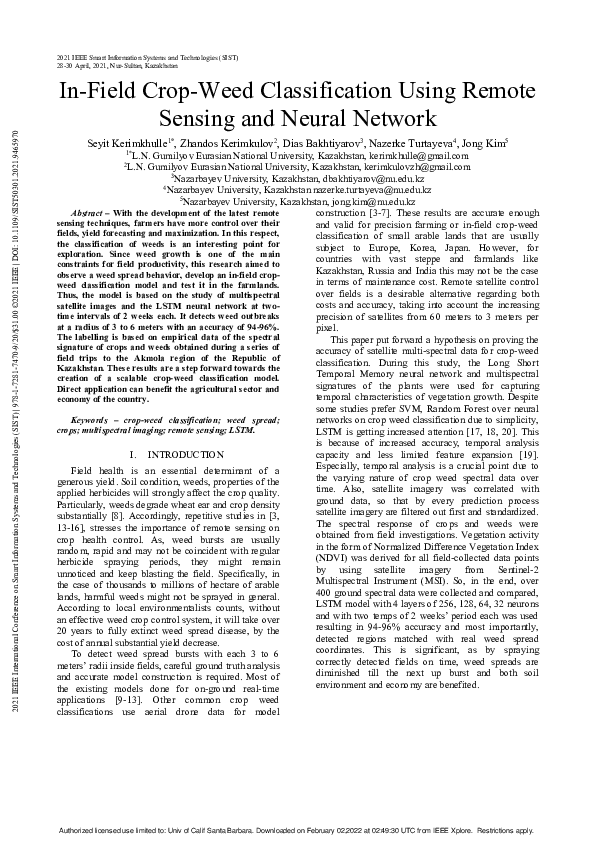 (PDF) In-Field Crop-Weed Classification Using Remote Sensing and Neural ...