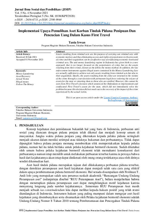 (PDF) Implementasi Upaya Pemulihan Aset Korban Kejahatan Tindak Pidana Penipuan dan Pencucian ...