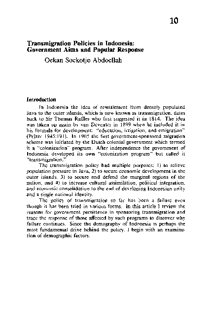 (PDF) 10: Transmigration Policies in Indonesia: Government Aims and ...