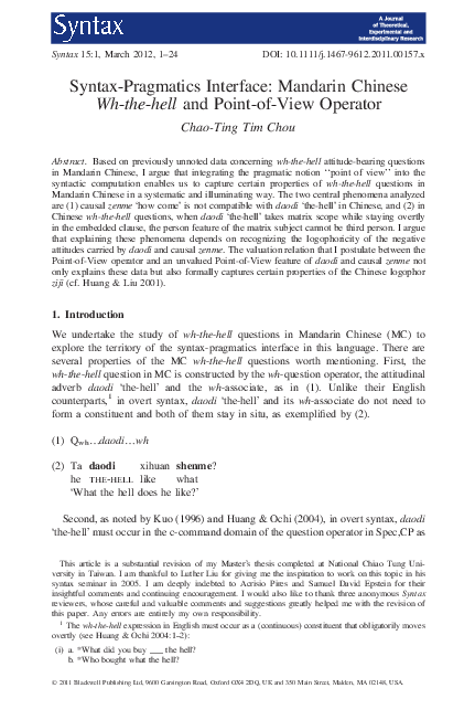 (PDF) Syntax-Pragmatics Interface: Mandarin Chinese Wh-the-hell and Point-of-View Operator