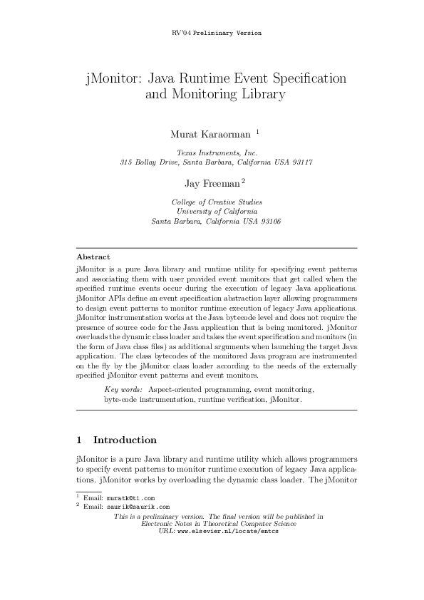 (PDF) RV’04 Preliminary Version jMonitor: Java Runtime Event ...