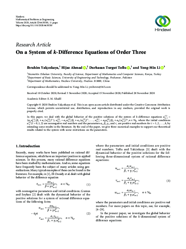 (PDF) On a System of k-Difference Equations of Order Three