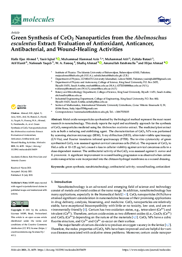 (PDF) Green Synthesis of CeO2 Nanoparticles from the Abelmoschus ...