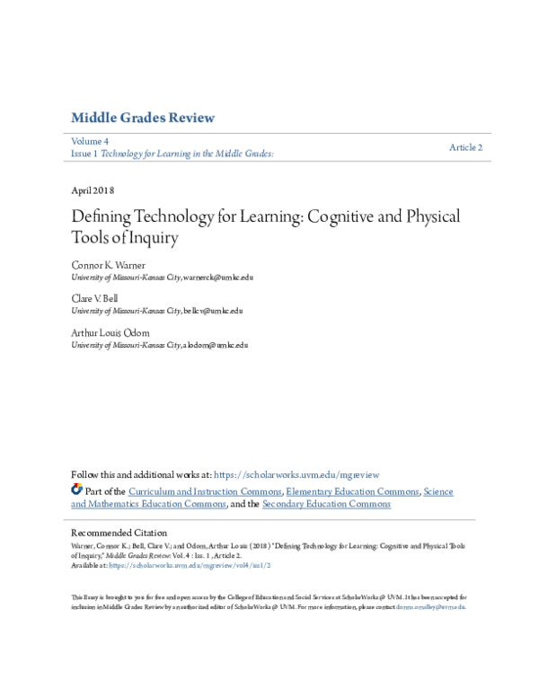 (PDF) Defining Technology for Learning: Cognitive and Physical Tools of ...