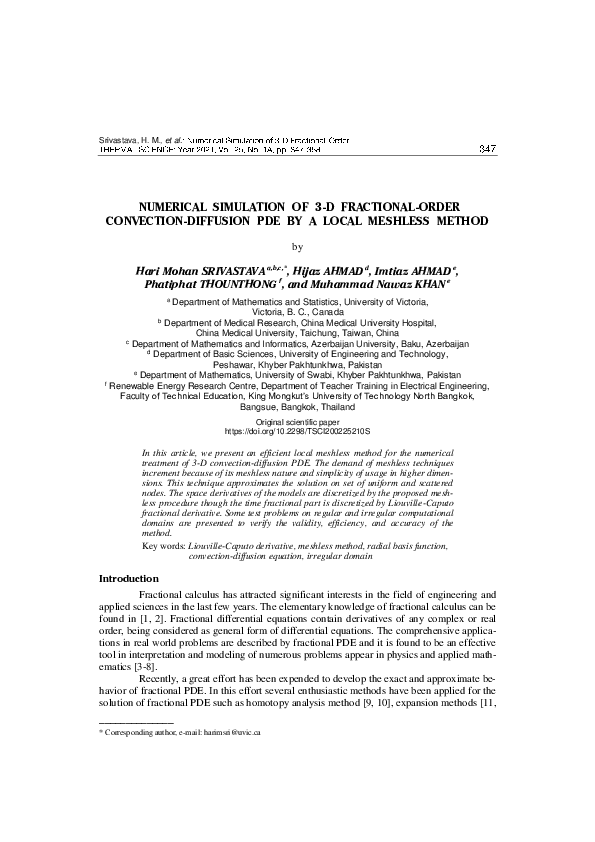 Pdf Numerical Simulation Of 3 D Fractional Order Convection Diffusion Pde By A Local Meshless
