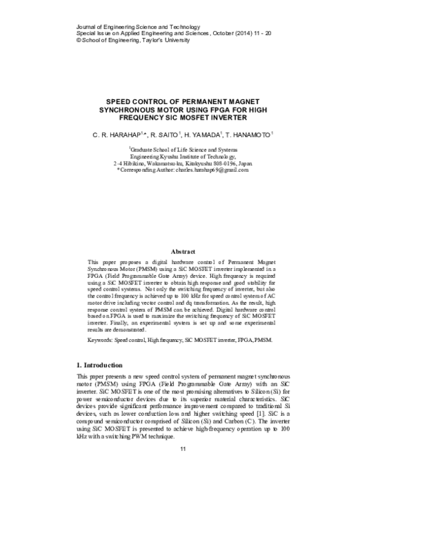 Pdf Speed Control Of Permanent Magnet Synchronous Motor Using Fpga